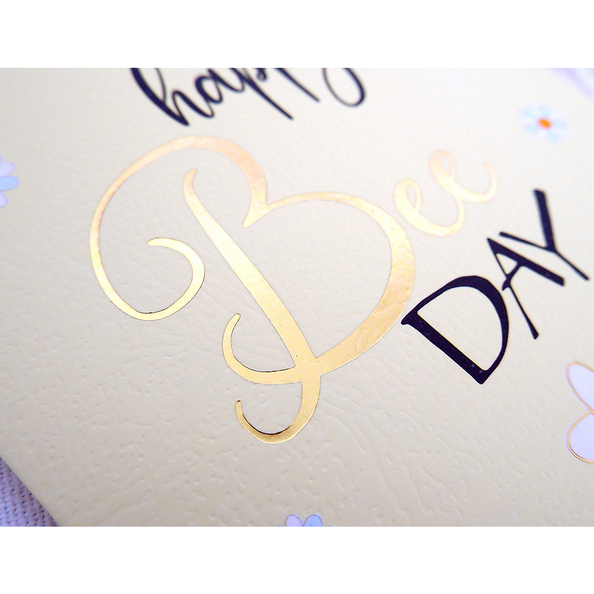 Birthday Card - Single Happy Bee Day Birthday Greeting Card For Bee Themed Party - Gold Foil Bees and Lettering on Yellow Textured Paper with Kraft Envelope - 5" x 7" - Blank Inside