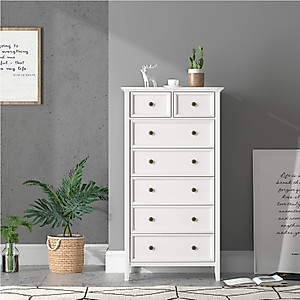 IKENO White 7 Drawer Tall Dresser, Tall Solid Wood Large Storage Cabinet, Modern Simple White Tall Chest of Drawer for Bedroom Living Room Hallway Entryway (White)