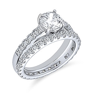 1CT Brilliant Cubic Zirconia Round Princess Cut Solitaire Cathedral Setting Thin Eternity Pave Band AAA CZ Anniversary Engagement Wedding Ring Set .925 Sterling Silver Size 7