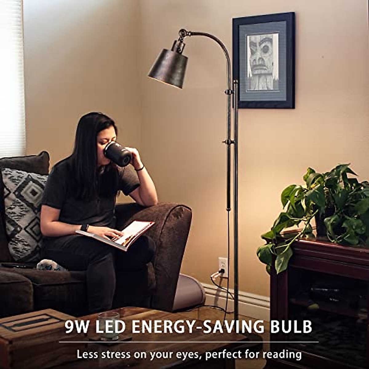 Industrial Floor Lamp, Black Standing Lamp Rustic Farmhouse Reading Lamp with On/Off Switch, Vintage Task Lamp with Metal Shade for Living Room Reading Bedroom Office, ETL (Black01-3S)