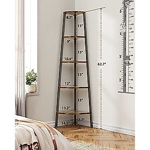 Pipishell Corner Shelf, 5 Tier Bookshelf Bookcase, Industrial Corner Bookshelf Plant Shelf for Bedroom, Living Room, Office, Kitchen, Display Shelf & Storage Ladder Corner Shelf, Rustic Brown