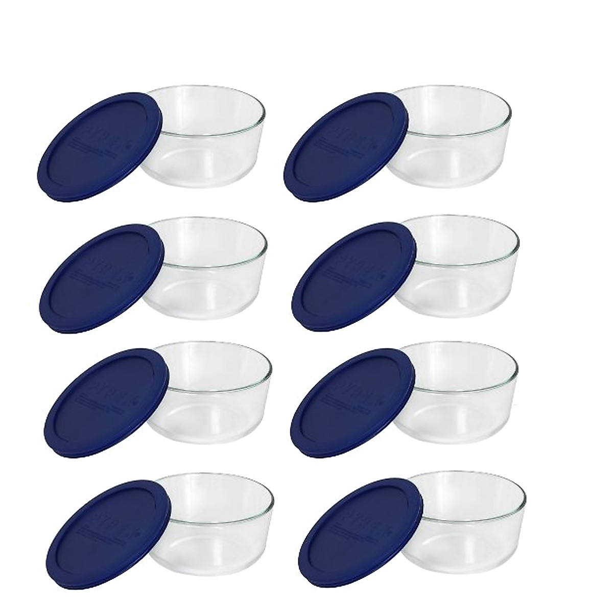 Pyrex Storage 4-Cup Round Dish with Dark Blue Plastic Cover, Clear (8-Pack, Blue)