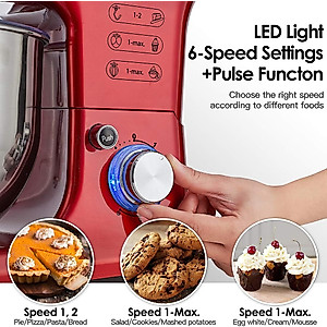 Stand Mixer, COKLAI Electric Mixer, 6 Speed Dough Mixer Metal Lid with Stainless Steel Bowl, Tilt-head Kitchen Mixer with Wire Whisk, Dough Hook, Flat Beater & Splash Guard, Food Mixer for Baking