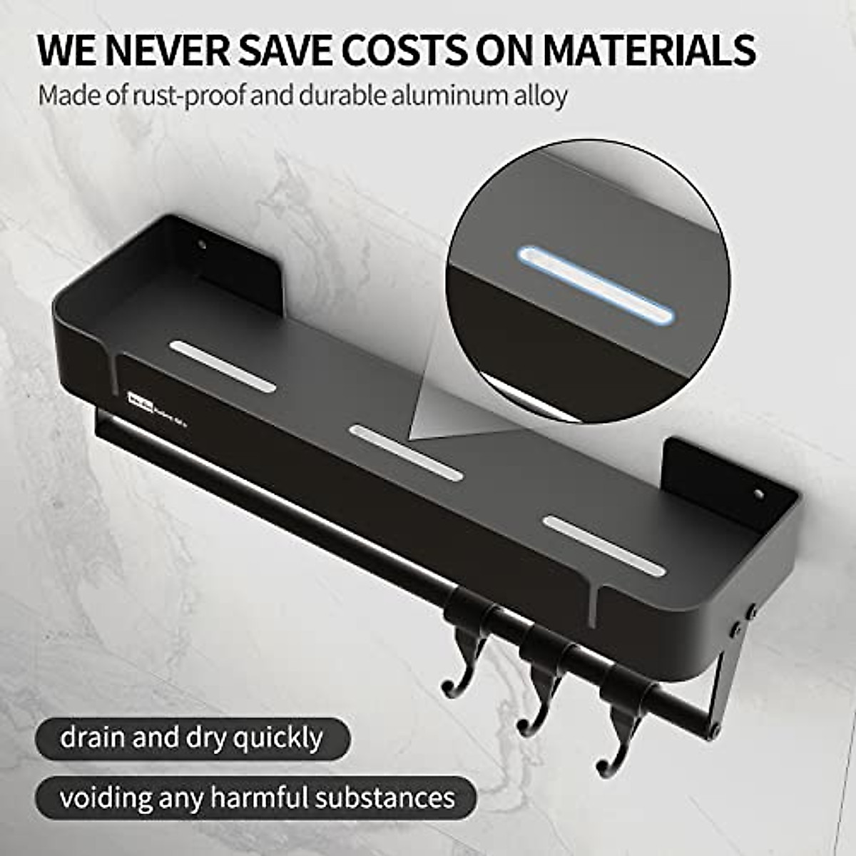 RCHYFEED 15.6”Shower Caddy with Towel Bar, Shower Organizer Adhesive,Metal Rustproof Bathroom Shower Shelf Rack with Hook, Drilling-Free Self Adhesive Storage Shelf for Bathroom & Kitchen(Black)