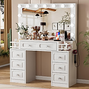 FURNJOYLIFE Farmhouse Makeup Vanity Desk with Lighted Mirror & Power Outlet, Vanity Dresser Table with 3 Lighting Modes Brightness Adjustable,7 Drawer,2 Shelves,Hair Dryer Stand for Bedroom,White