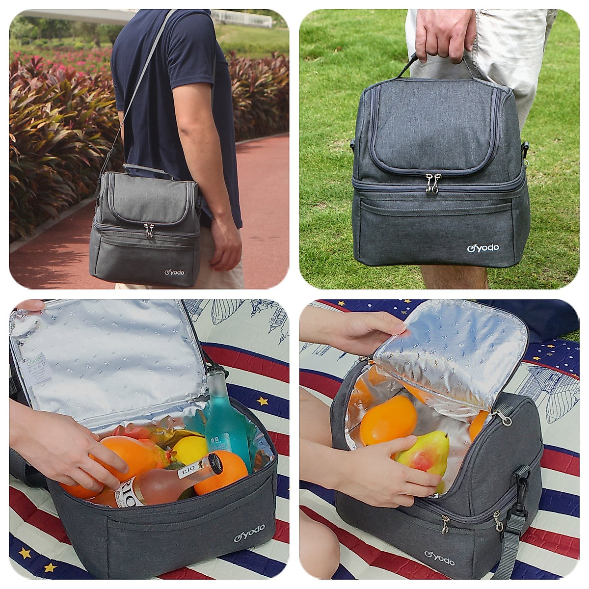 yodo Large Lunch Bag Double Layer Cooler Tote Bag for Adult Women and Men - Idea for Beach, Picnics, Road Trip, Meal Prep, Everyday Lunch to Work, Gray