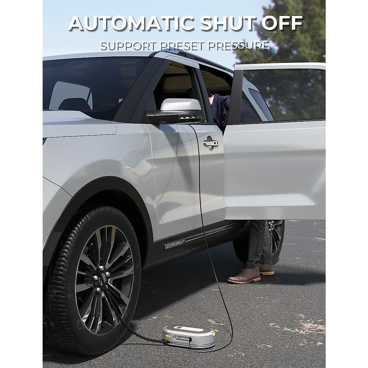 Giraffe Tools Retractable Tire Inflator Portable Air Compressor 150 PSI with Pressure Gauge 12 v Air Compressor Tire Inflator with Power Cord, Auto Shut-off and Emergency LED Light, Auto Rewind