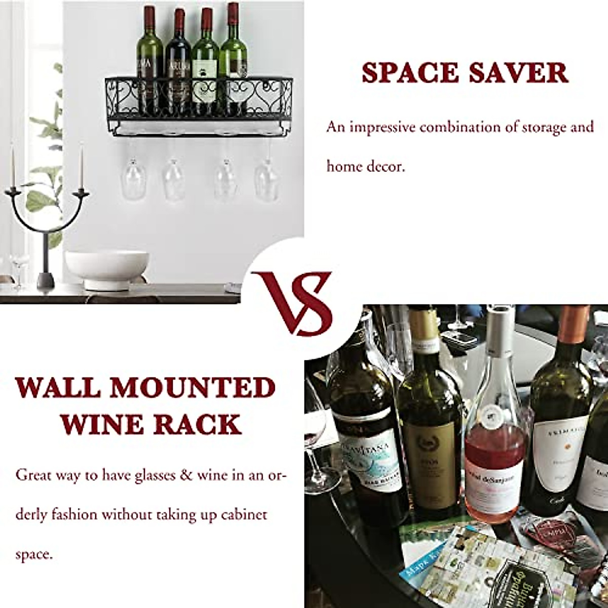 Wine Rack Wall Mounted with Wine Glass Holder - Metal Hanging Wine Rack with Wine Aerator Pourer, Wall Wine Rack for Wine Storage, Black Wine Rack for Kitchen Bar Shelves, Holds 6 Bottles & 5 Glasses