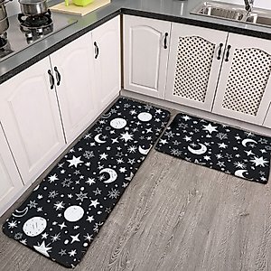YouTary Black White Moon and Star Pattern Kitchen Rug Set 2 PCS Floor Mats Washable Non-Slip Soft Flannel Runner Rug Doormat Carpet for Floor Home Bathroom, 17" x 47"+17" x 24"-M
