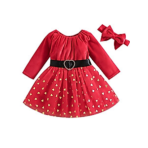 Spring hue Infant Toddler Girls Valentines Day Dress Outfit Love Heart Printed Velvet Long Sleeve Belted Tulle Dress A red 18-24 Months