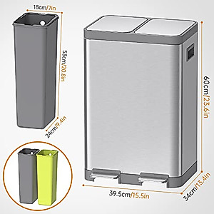 Mbillion Trash Can 5.3+5.3Gal, Kitchen Garbage Can with 2 Compartments,Large Stainless Steel Recycle Trash Can with 2 Removable Plastic Inner Buckets, Quiet Close Step Trash Can(20+20L Silver)