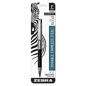 Zebra F-301 Compact Ballpoint Stainless Steel Retractable Pen, Fine Point, 0.7mm, Black Ink, 1-Count