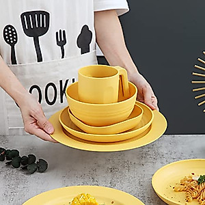 Kyraton Plastic Dinnerware Sets of 20 Pieces, Unbreakable And Reusable Light Weight Plates Mugs Bowls Dishes Easy to Carry And Clean Microwave Safe BPA Free Dishwasher Safe Service For 4 (Gold Yellow)