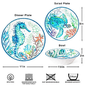 LEHAHA 12-Piece Melamine Beach Dinnerware Set, Coastal Plates and Bowls Sets, Oceanic Sea Life Dish Sets for 4, Great for Indoor Outdoor Dining on the Beach, RV, Camping or Cabin