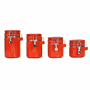 Canister Sets For The Kitchen (4 Piece Set) Red, High Gloss Ceramic | By Home Basics | Decorative Kitchen Set | With Wooden Spoons, Countertop Set For Flour, Sugar, Coffee, and Snacks