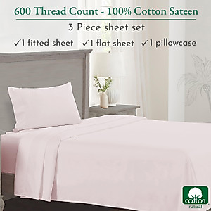 California Design Den 5-Star Hotel-Quality Twin Bed Sheets Cotton, 100% Cotton Sheet Set - 600 Thread Count Sateen with Deep Pockets (Blush Pink)