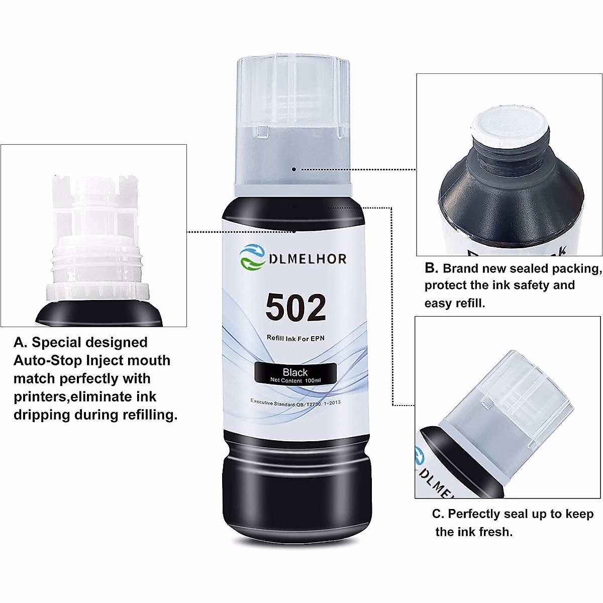 DLMELHOR Compatible for Epson 502 Refill Ink Bottle Kit T502 Premium Ink for EcoTank ET-2720 ET-2800 ET-2760 ET-2803 ET-4700 ET-3760 ET-15000 Printers 2xBlack, Cyan, Magenta, Yellow,5-Bottles 100ML