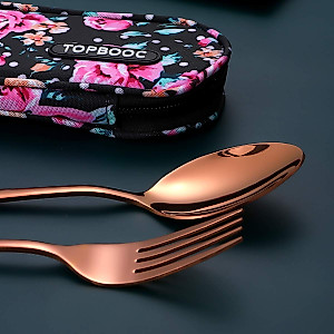 Travel Utensils,Reusable Silverware Set To Go Portable Cutlery Set with a Waterproof Carrying Case for Lunch Boxes Workplace Camping Picnic (Rosegold)