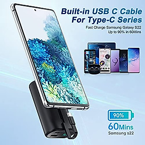 Small Portable Charger 10800mAh with Built-in USB-C Cable, Mini PD 3A Fast Phone Charging Power Bank,LCD Display Android Charger Battery Pack Compatible with Samsung Galaxy S22/S21,Note,Moto,LG