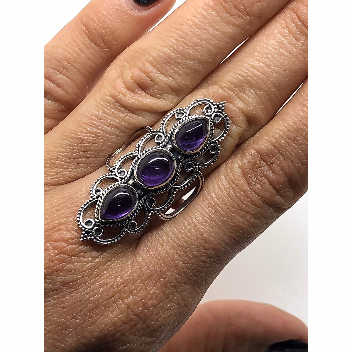 Koral Jewelry Amethyst 3 Stones Ethnic Vintge Gipsy Multi Stone Ring 925 Sterling Silver Vintage Tribal Gipsy Boho Chic (7)