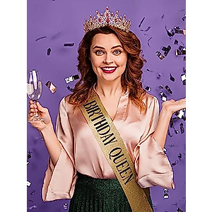 SWEETV Birthday Crowns for Women Gold Birthday Queen Sash and Tiara Set Rhinestone Princess Headband for Birth Day Party Photograph