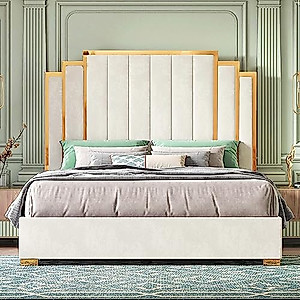 HOWE King Size Bed Frame and 65" Headboard, Upholstered Bed with Golden Plating Trim, Modern Platform Bed No Box Spring Needed, Cream