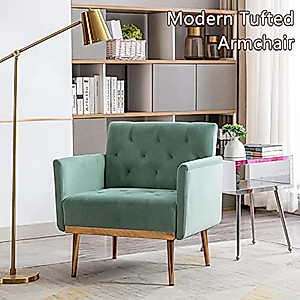 Olela Accent Chair with Arms for Living Room, Modern Tufted Single Sofa Armchair with Gold Metal Legs Upholstered Reading Chair for Bedroom Office Decorative (Velvet-Smooth Backrest, Mint Green)