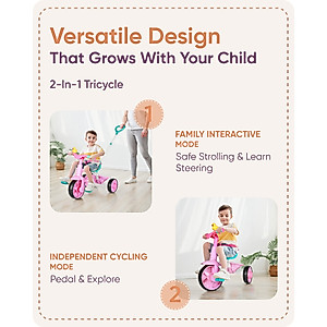 KRIDDO 2 in 1 Kids Tricycles Age 18 Month to 3 Years, EVA Wheels Upgraded, Gift, Trikes for Toddlers 2 to 3 Year Old with Push Handle and Duck Bell, Pink