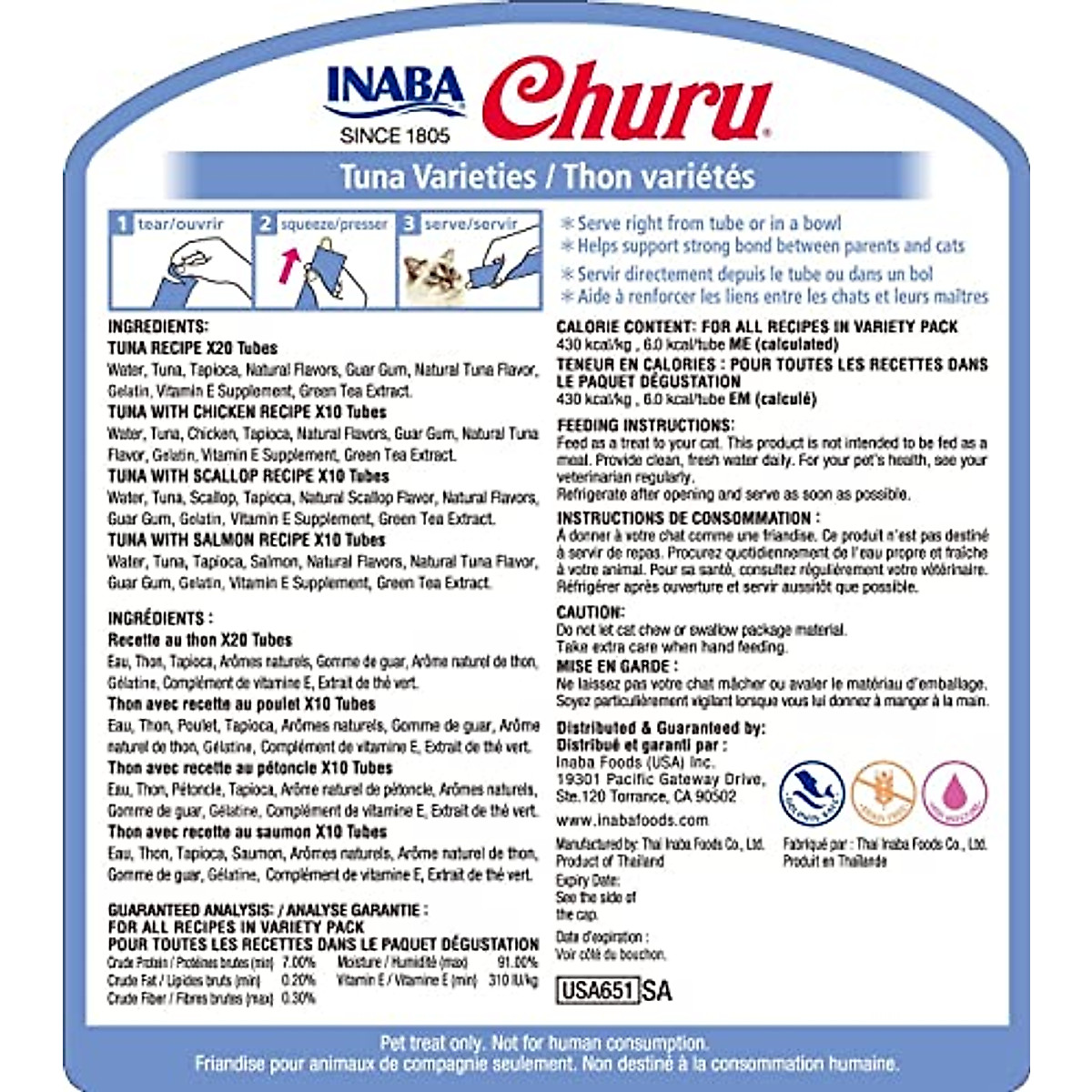 INABA Churu Cat Treats, Grain-Free, Lickable, Squeezable Creamy Purée Cat Treat/Topper with Vitamin E & Taurine, 0.5 Ounces Each Tube, 50 Tubes, Tuna Variety