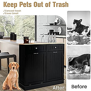 LOKO Tilt Out Trash Cabinet, Kitchen Trash Cabinet with 2 Drawers & Adjustable Shelf, Pet Proof Trash Can Cabinet with Rubber Wood Tabletop, 39.5 x 14 x 35.5 inches (Black)