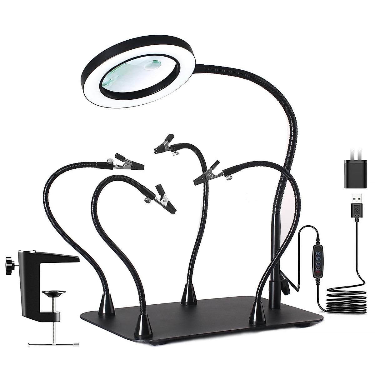 5X&10X Magnifying Glass with Light and Stand, KUVRS Flexible Magnetic Helping Hand, Large Base&Clamp Magnifying Lamp, 3 Color Adjustable Arm Desk Magnifying Glass with Light for Soldering Craft Hobby