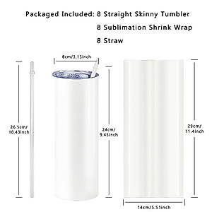 XccMe 8 Pack Sublimation Tumblers bulk,30 oz Skinny Stainless Steel Double Wall Insulated Straight Sublimation Blank with Lid,Box,Shrink Wrap Films,Polymer Coating for Heat Transfer