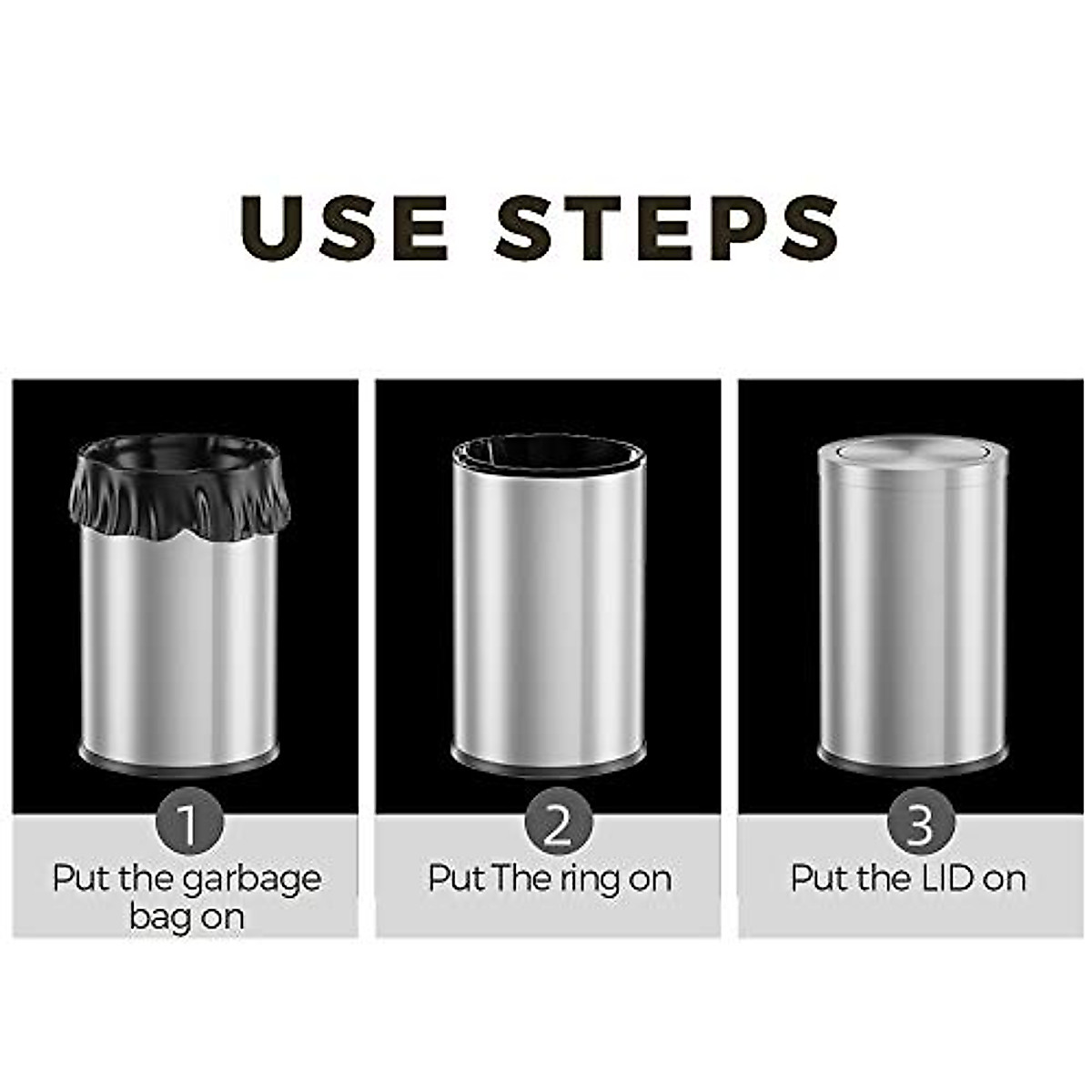 Trash Can with Flipping Lid, 9 L,Trash can with lid，Stainless Steel Trash can,Bathroom Garbage can.Bathroom.Kitchen. Metallic Sliver