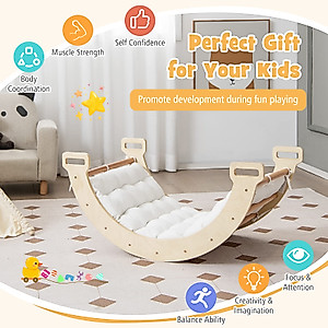 Costzon Wooden Arch Rocker with Cushion, 3-in-1 Montessori Climbing Toys for Toddlers, Children Indoor Outdoor Playground Climbing Gym Learning Playset, Arch Climber Ladder for Kids Gift Presents