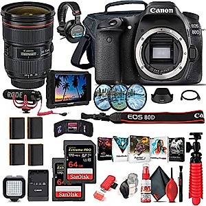 Canon EOS 80D DSLR Camera (Body Only) (1263C004) + 4K Monitor + Canon EF 24-70mm Lens + Pro Mic + Pro Headphones + 2 x 64GB Card + Case + Filter Kit + Corel Photo Software + More (Renewed)