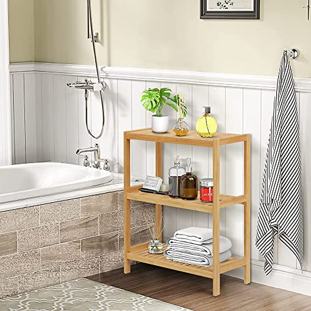 HLXZN 3 Tier Bamboo Shelf Storage Organizer Rack Toilet Utility Shelves Standing Shelf Units for Bathroom, Living Room, Kitchen