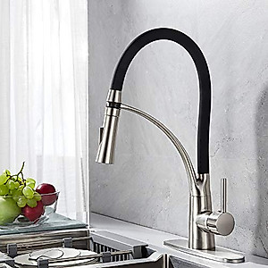 RODDEX Pullout Kitchen Faucet Solid Brass Single Handle Kitchen Sink Faucet with 360 Swivel Black Pull Down Sprayer, 3 Hole Deck Plate, Brushed Nickel