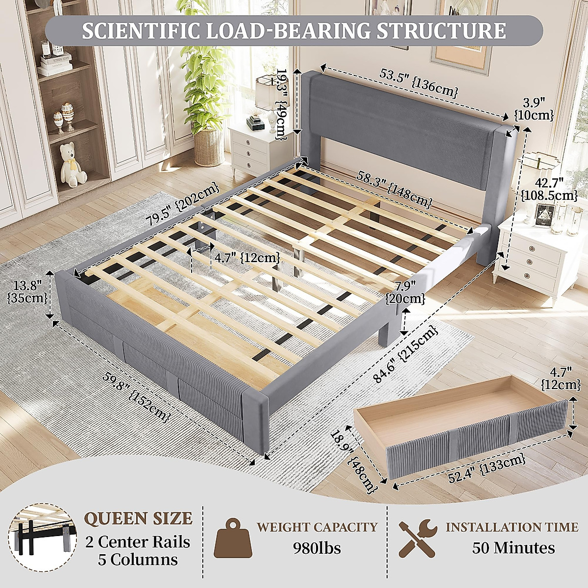 FINATI Queen Bed Frame with Storage, Wood Platform Bed Frame Queen Size with Velvet Upholstered Headboard Footboard, Strong Wooden 12-Slats Support, Under Bed Storage Drawer with Wheels, Noise Free