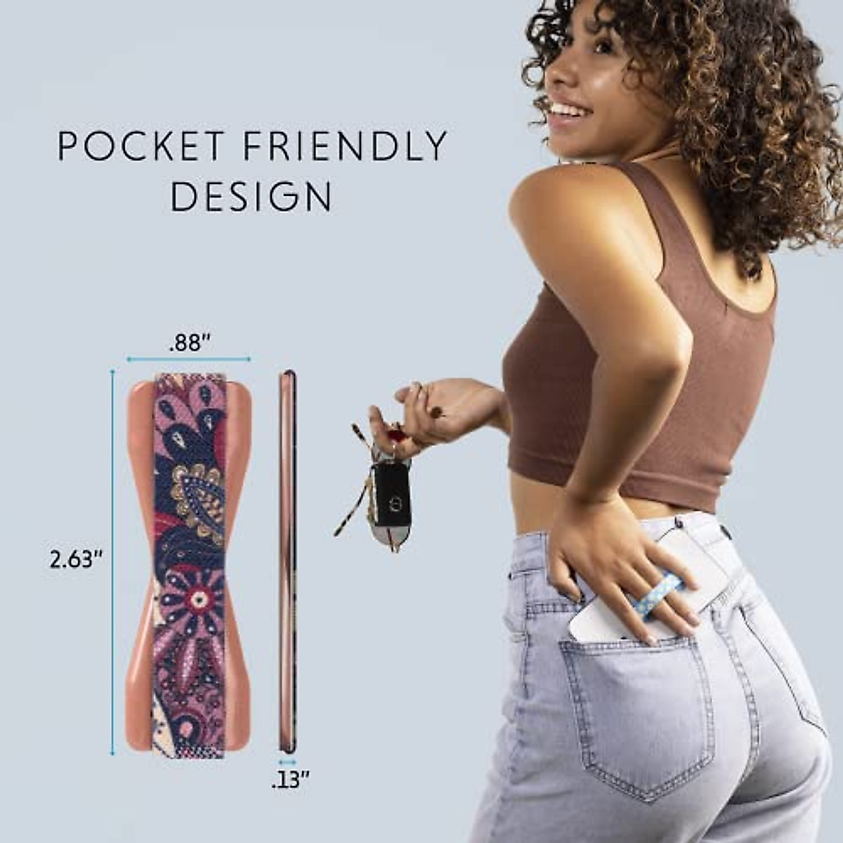 LOVEHANDLE Phone Grip for Most Smartphones and Mini Tablets, Rose Paislies Design Colored Elastic Strap with Mauve Rose Base, LH-01RosePaislies