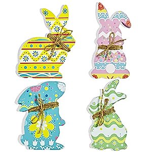 Easter Table Decorations, Farmhouse Easter Bunny Decor 4 Pieces, Easter Centerpieces for Tables, Wooden Bunny Decor, Happy Easter Decorations for Home, Party, Indoor, Table Top