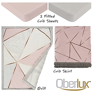 OBERLUX Crib Bedding Set for Girls- 4-Piece Baby Nursery Bedding Crib Set; Geometric, Rose Gold, Powder Pink & Marble | Precious Collection