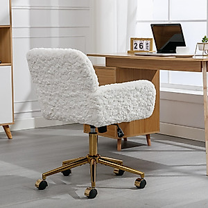 Modern Swivel Home Office Chair,Artificial Rabbit Hair Computer Chair Desk Chair Ergonomic Office Chair Adjustable Office Desk Chair with Golden Base & Wheels Vanity Chair for Home Office (Beige)