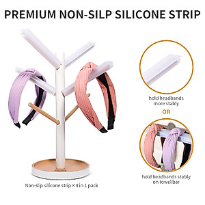 MUGFILWJ Headband Holder Organizer with 6 Branches Wooden Scrunchie Display Hanger with Bottom Bracket for Hair Hoop Hairband Gifts for Girls and Women (white with non-slip silicone strip)