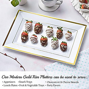 Mint Living - Elegant Plastic Serving Tray & Platter Set (6pk) - White & Gold Rim Disposable Serving Trays & Platters for Food - Weddings, Upscale Parties, Dessert Table, Cupcake display - 8x13 inches
