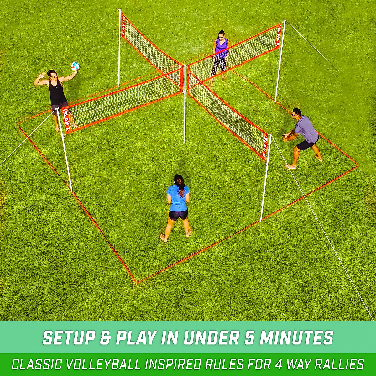 GoSports Slam X Huge 21 ft x 21 ft 4 Way Volleyball Game Set - Ultimate Backyard & Beach Game For Kids And Adults