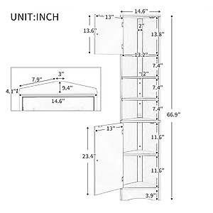 Merax Corner Cabinet Freestanding Floor Bathroom Storage Space Saver with Doors and Adjustable Shelves for Home, Kitchen, Tall Slim