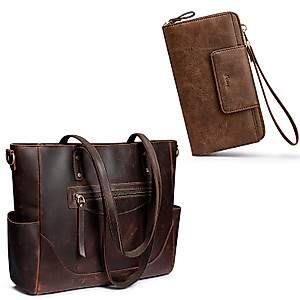 S-ZONE Women Vintage Genuine Leather Tote Bag Bundle with Travel Wallets RFID Blocking Leather Clutch Crossbody Purse Passport Card Holder