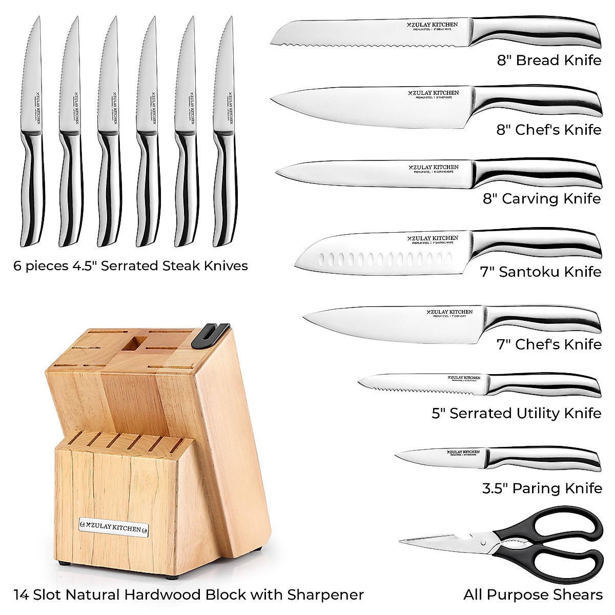 Zulay 15 Piece Stainless Steel Knife Set with Block and Sharpener - Sharp Knife Block Set with Built In Sharpener - Kitchen Knife Set With Block - Rust Proof Knife Set Stainless Steel