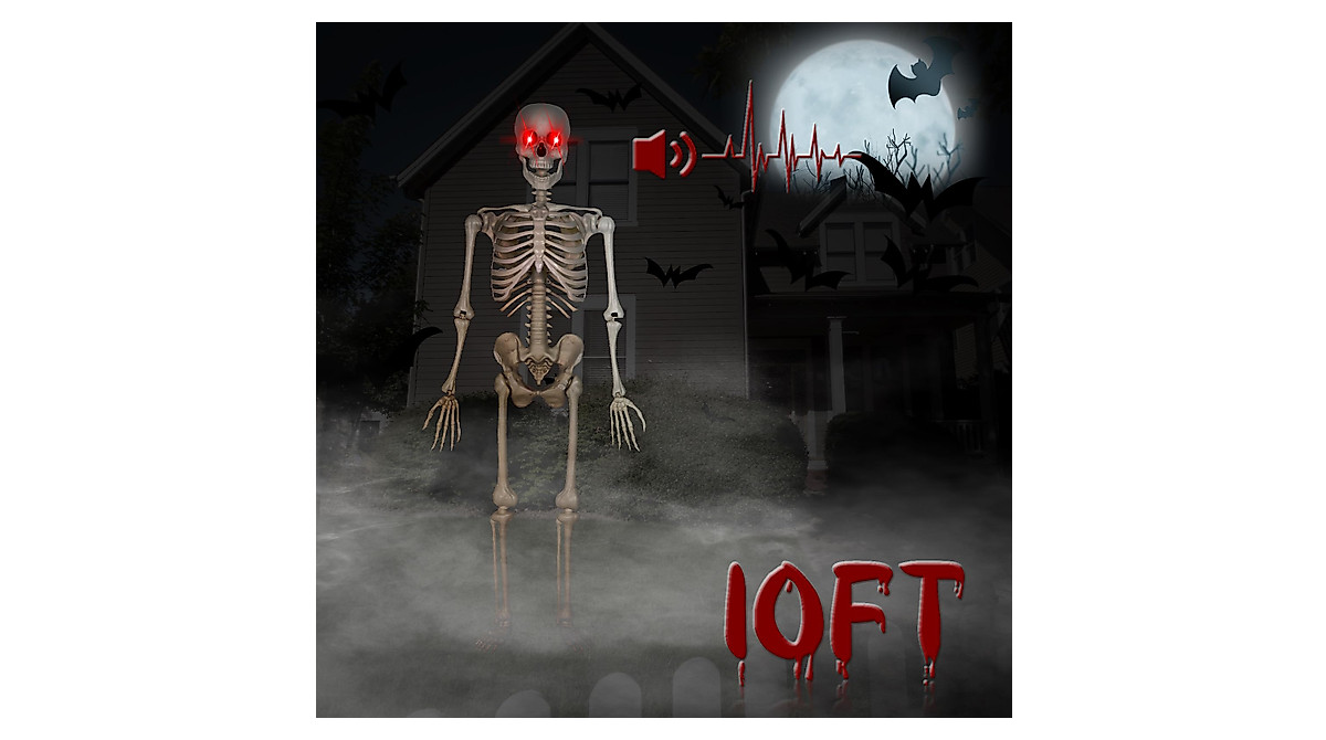 10 ft Halloween Skeleton with Light Up Eyes & Sounds