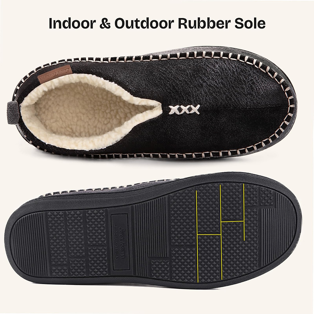 EverFoams Men's Moccasin Slippers Memory Foam Indoor/Outdoor Warm Suede House Shoes with Fuzzy Sherpa Lining (Black, Size 10 M US)